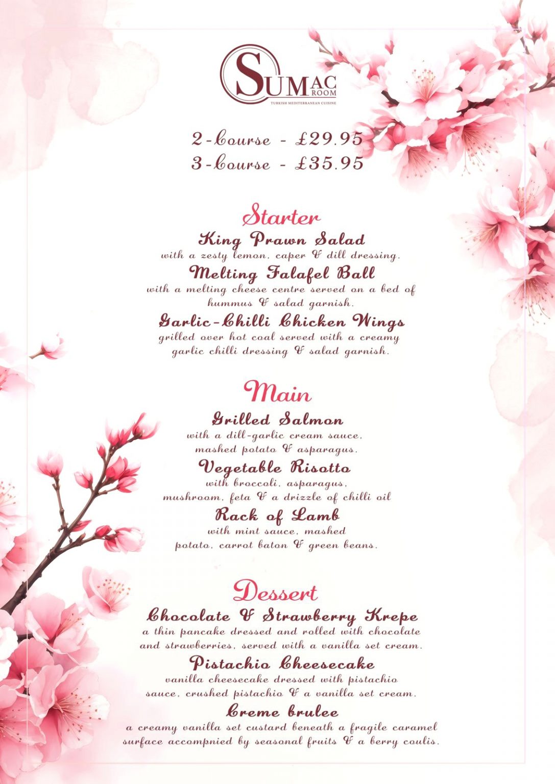 Spring Menu – Sumac Room – A Turkish Mediterranean Restaurant